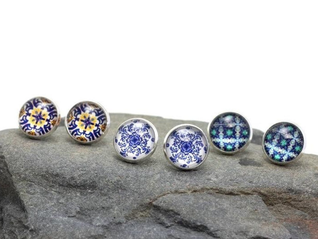 Portuguese Tile Stud Earrings, Portugal Jewelry, Azulejo, Everyday ...