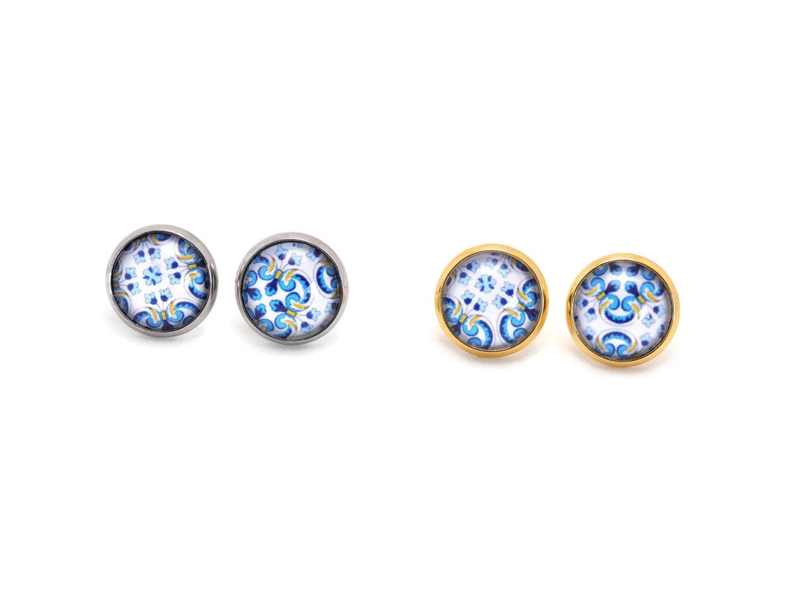 Stud Earrings, Colorful Portuguese Tile Jewelry, Stainless Steel, Small ...