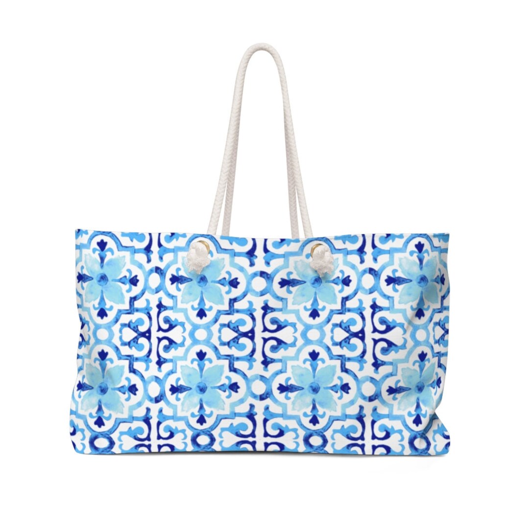 Blue Tile Beach Weekender Bag Mediterranean Style Tote Bag Geometric ...