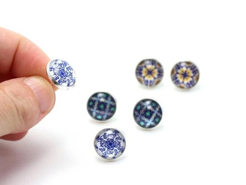 Stud Earrings, Colorful Portuguese Tile Jewelry, Stainless Steel, Small ...
