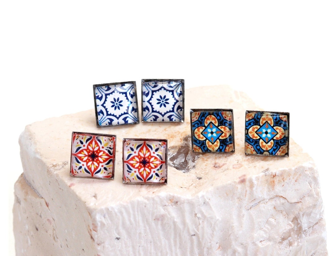 Colorful Portuguese Tile Stud Earrings, Mediterranean Tiles, Portugal ...