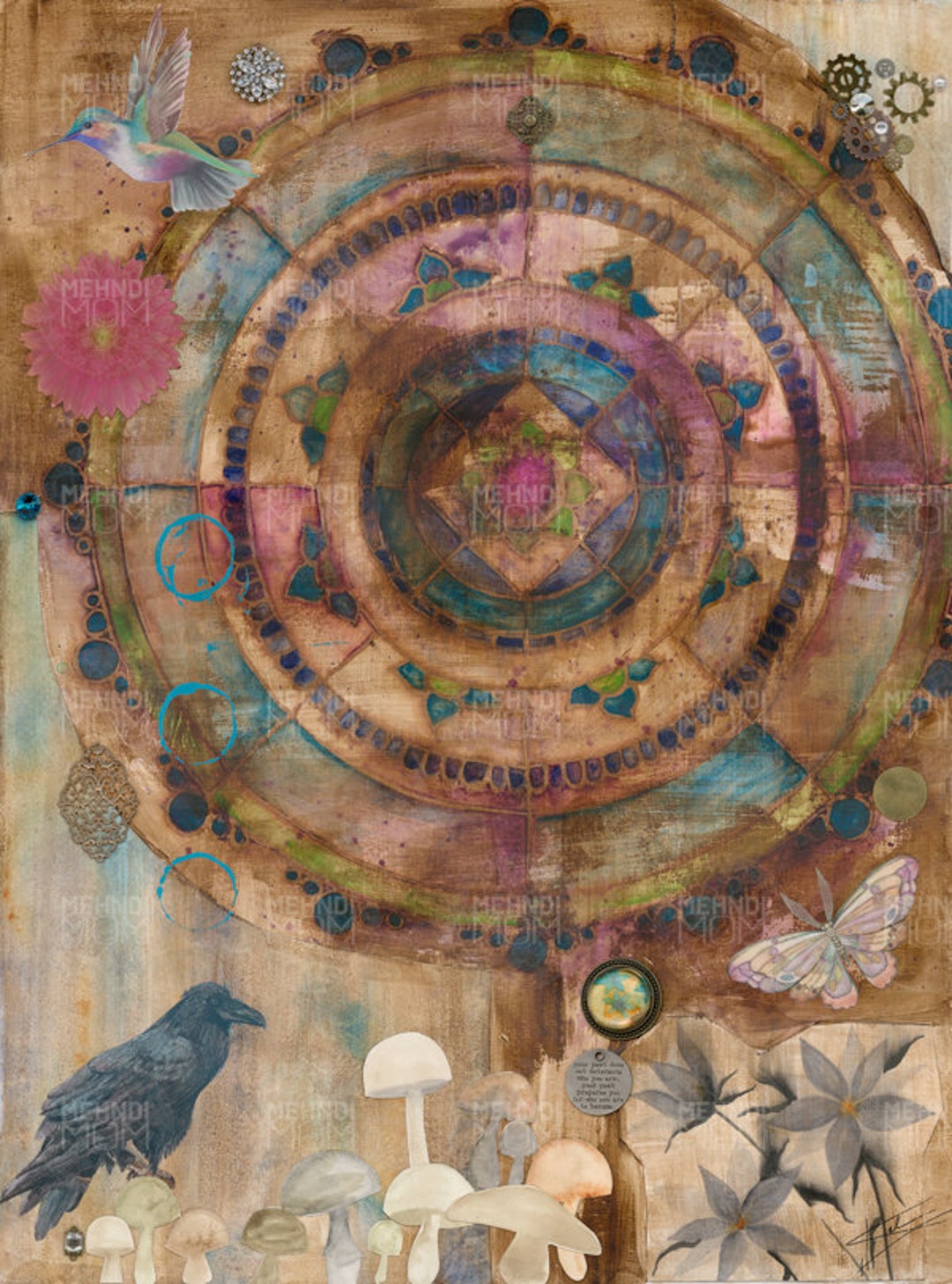 Brown Henna Mandala Collage Butterfly Hummingbird Raven Crow Mushroom ...