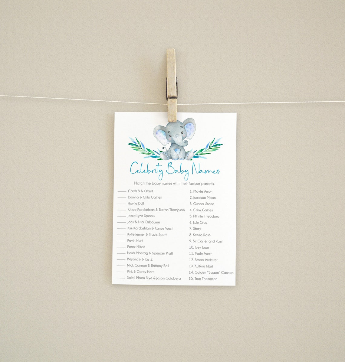 Elephant Celebrity Baby Names Game Printable Blue Elephant - Etsy