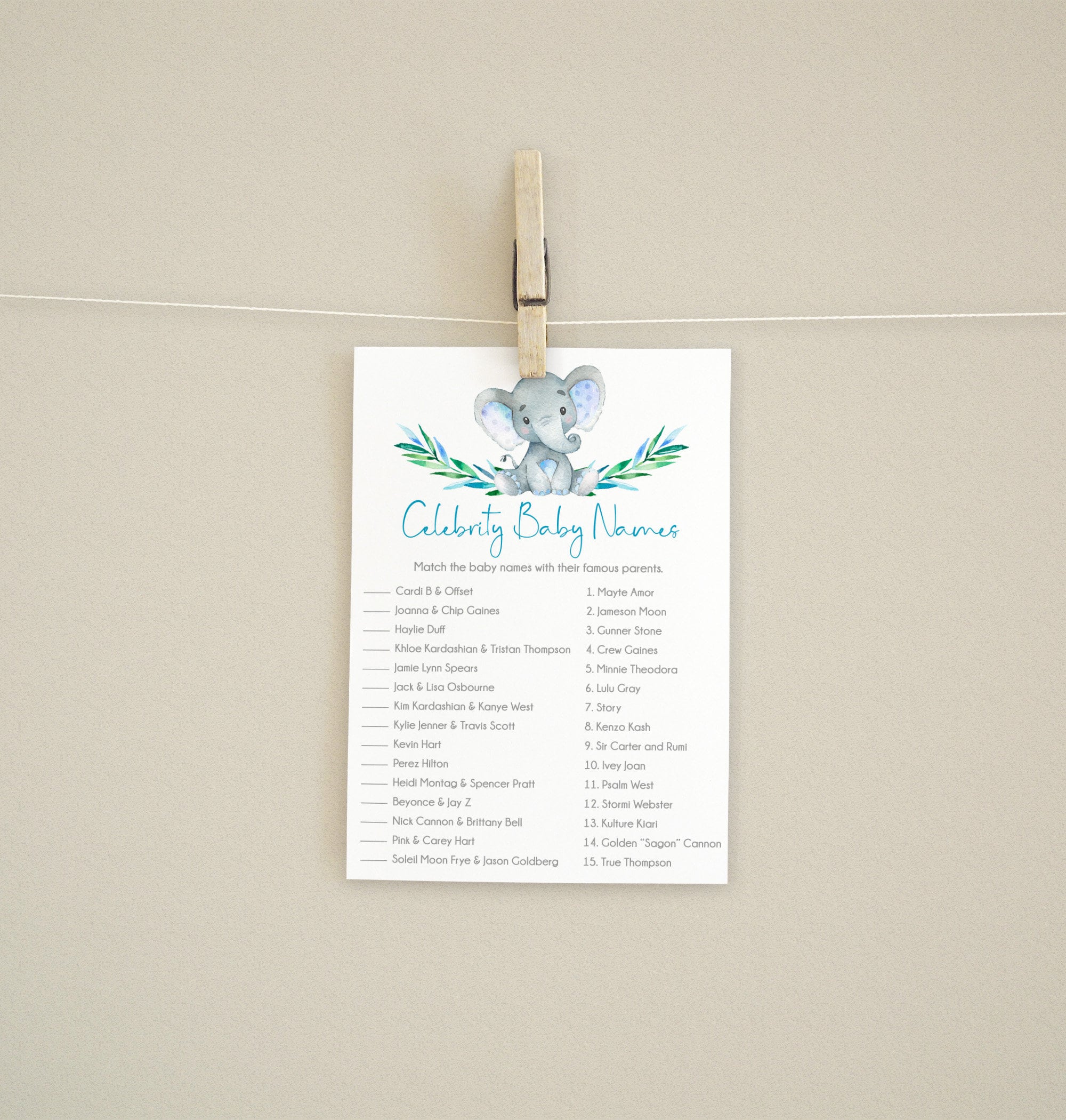 Elephant Celebrity Baby Names Game Printable Blue Elephant - Etsy