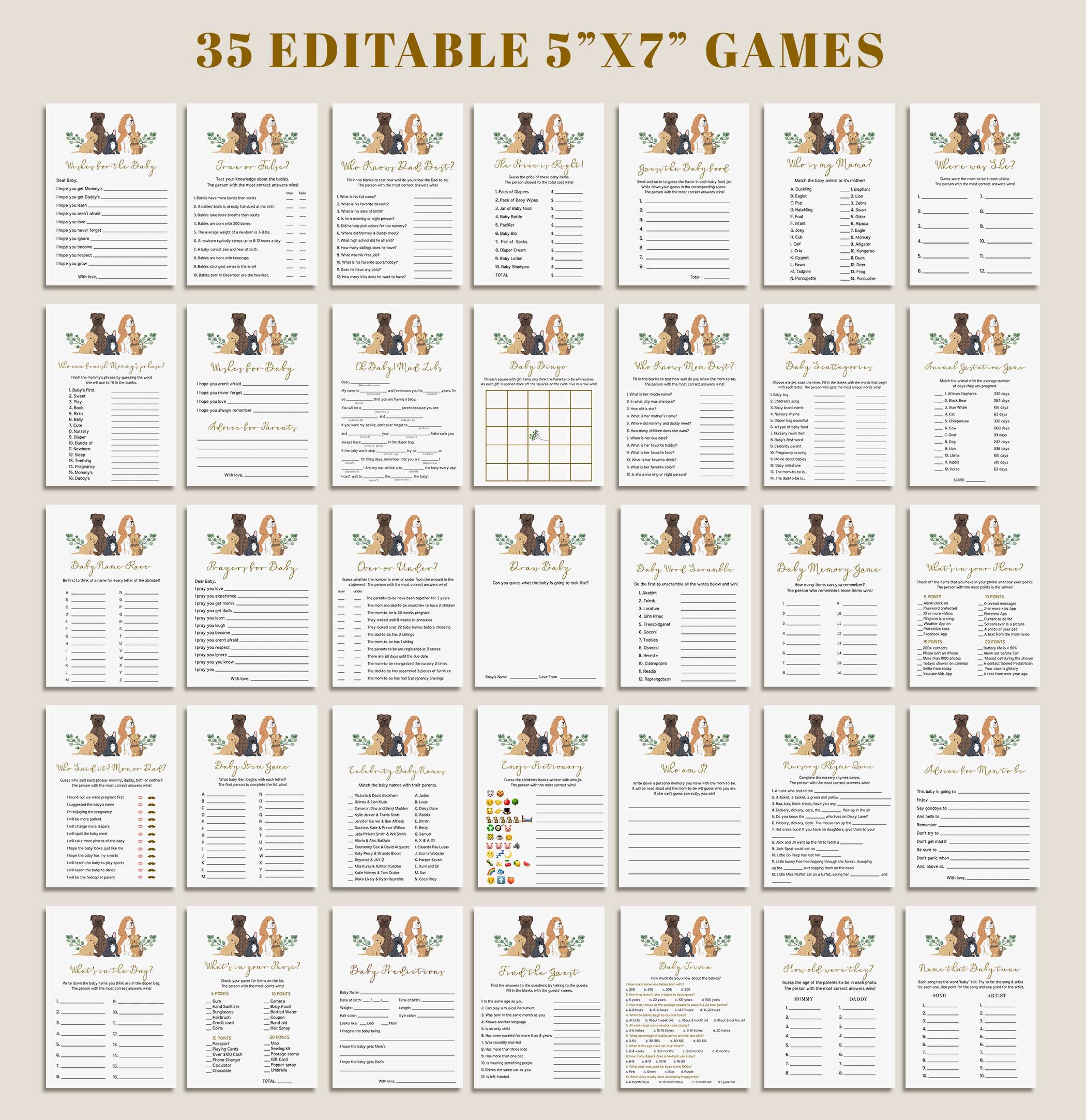 Puppy Baby Shower Games Bundle, Puppy Dog Baby Shower Bundle, EDITABLE ...
