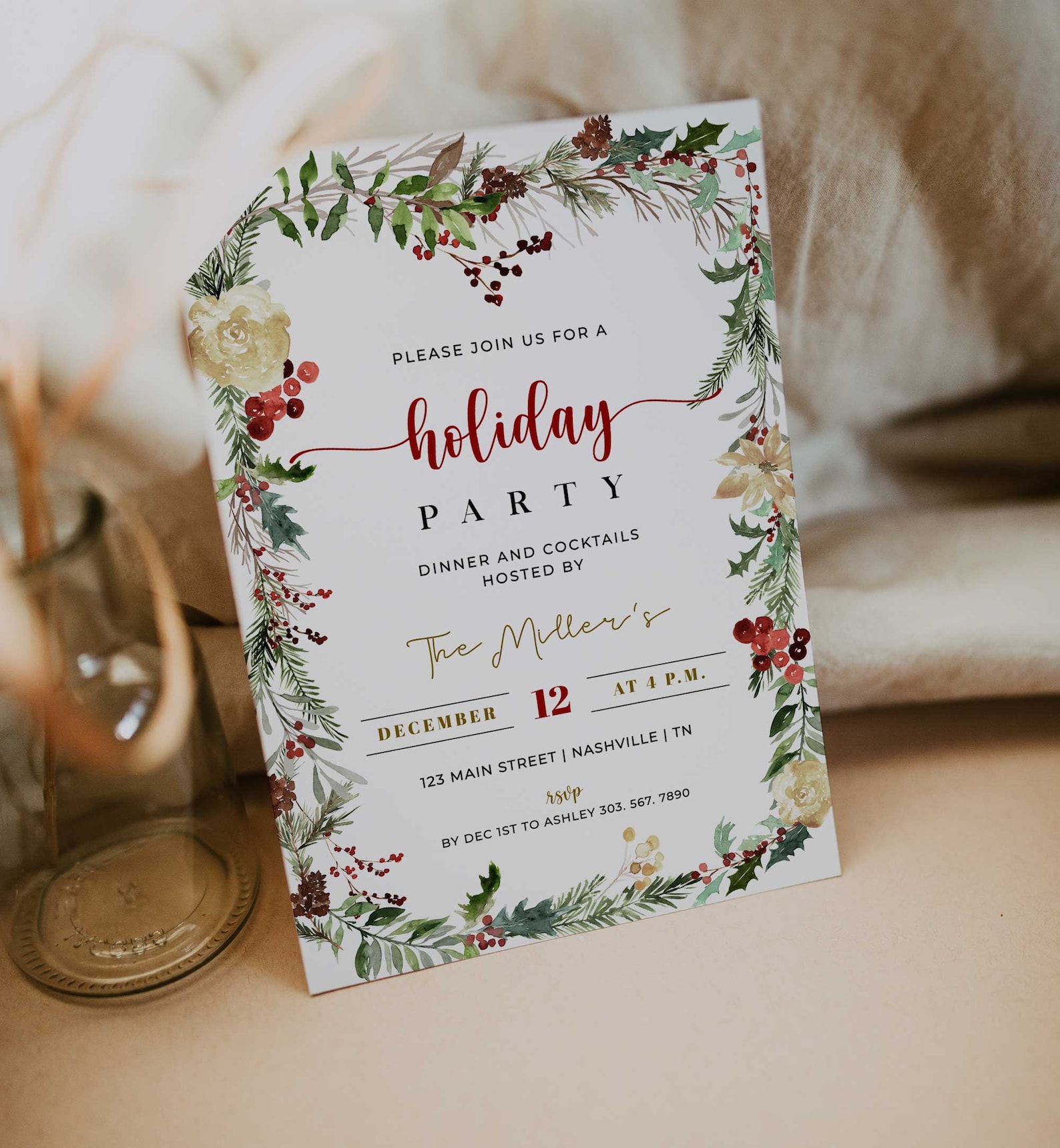 Holiday Party Invitation Template, Christmas Invitation Editable ...