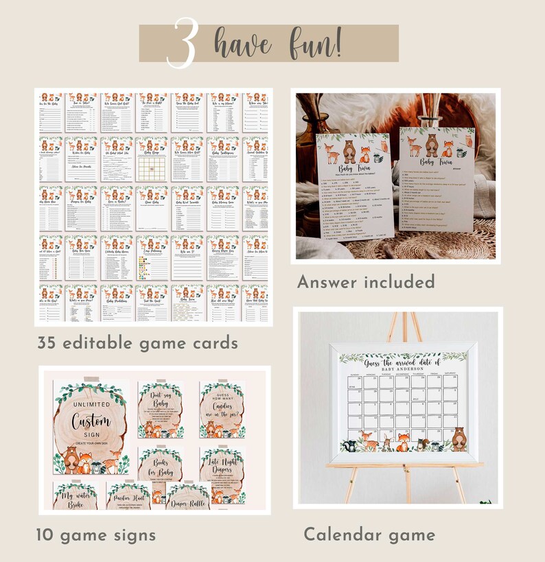 Woodland Baby Shower Bundle Baby Shower Games Decorations - Etsy