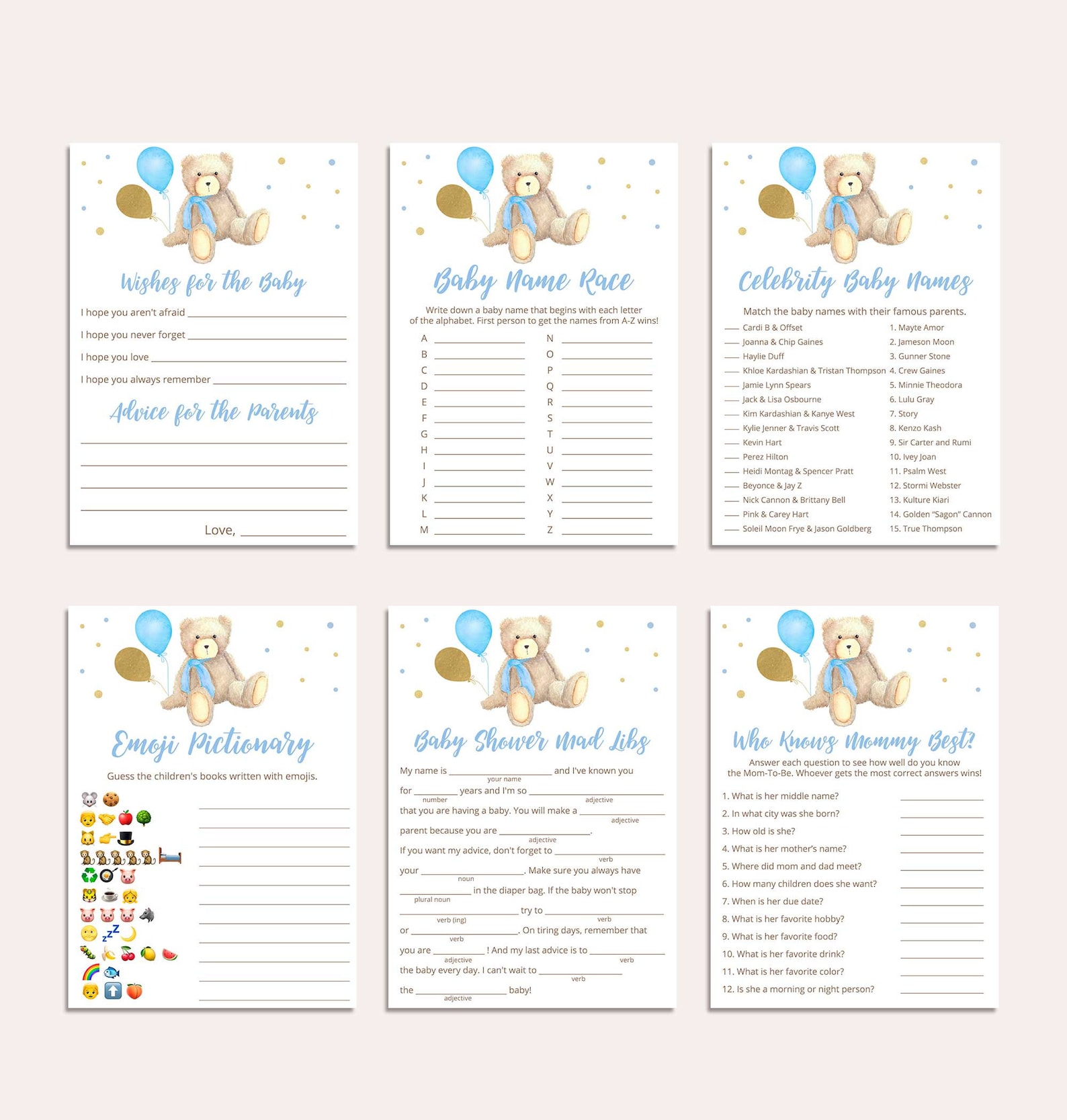 Boy Baby Shower Games Bundle Teddy Bear Baby Shower Game - Etsy