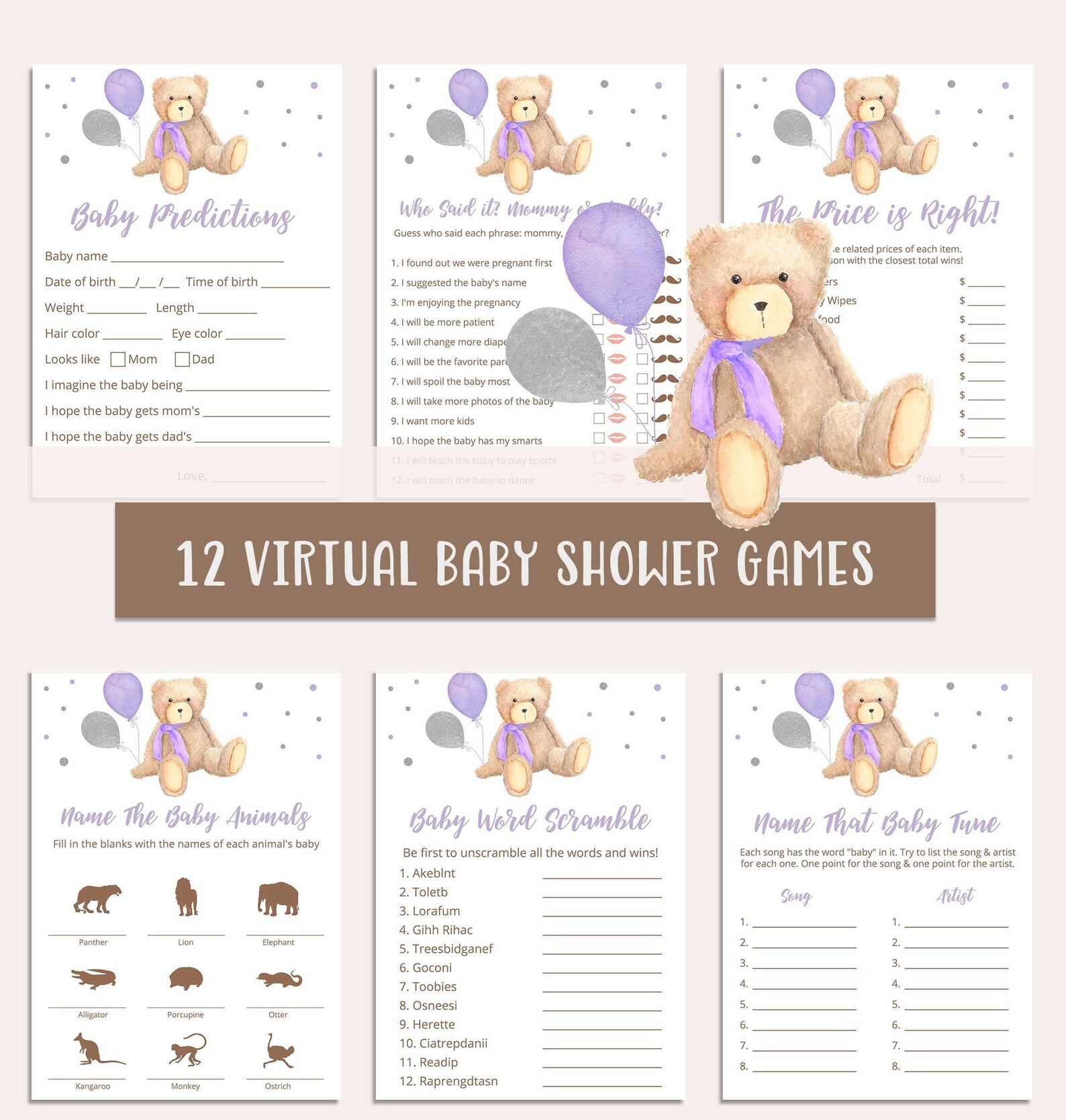 Teddy Bear Baby Shower Game Bundle, Purple Teddy Bear, Baby Girl ...