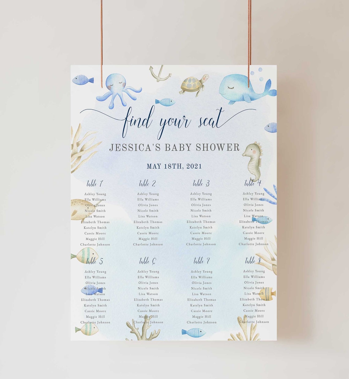 Ocean Baby Shower Seating Chart Template, Under the Sea Baby Shower ...