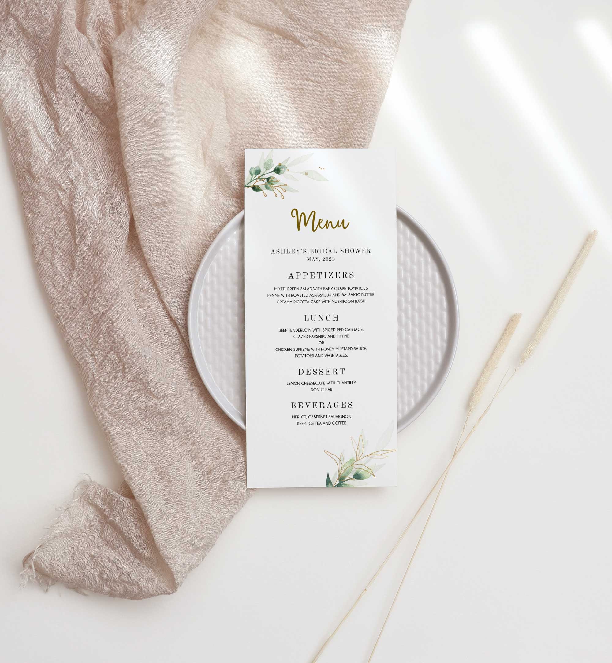 Greenery Wedding Menu Template Menu Card Printable ANY - Etsy