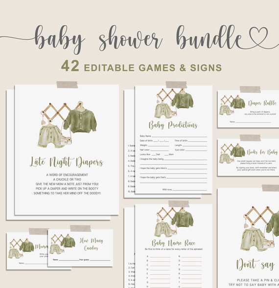 Green Clothes Baby Shower Games Bundle, Boy Baby Games Bundle ...