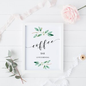 Wedding Coffee Bar Sign, Wedding Coffee Sign, Love is Brewing Greenery ...