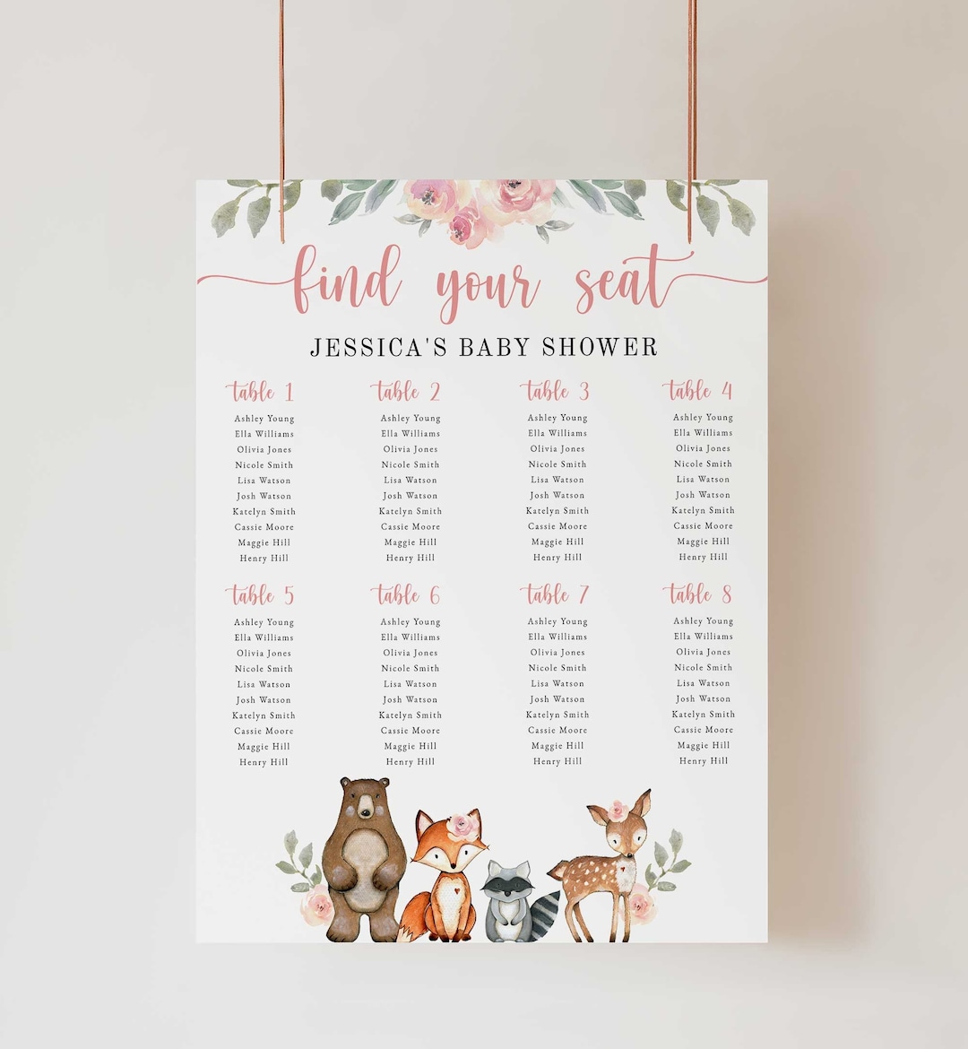 Baby Shower Seating Chart Template, Woodland Girl Baby Shower Seating ...