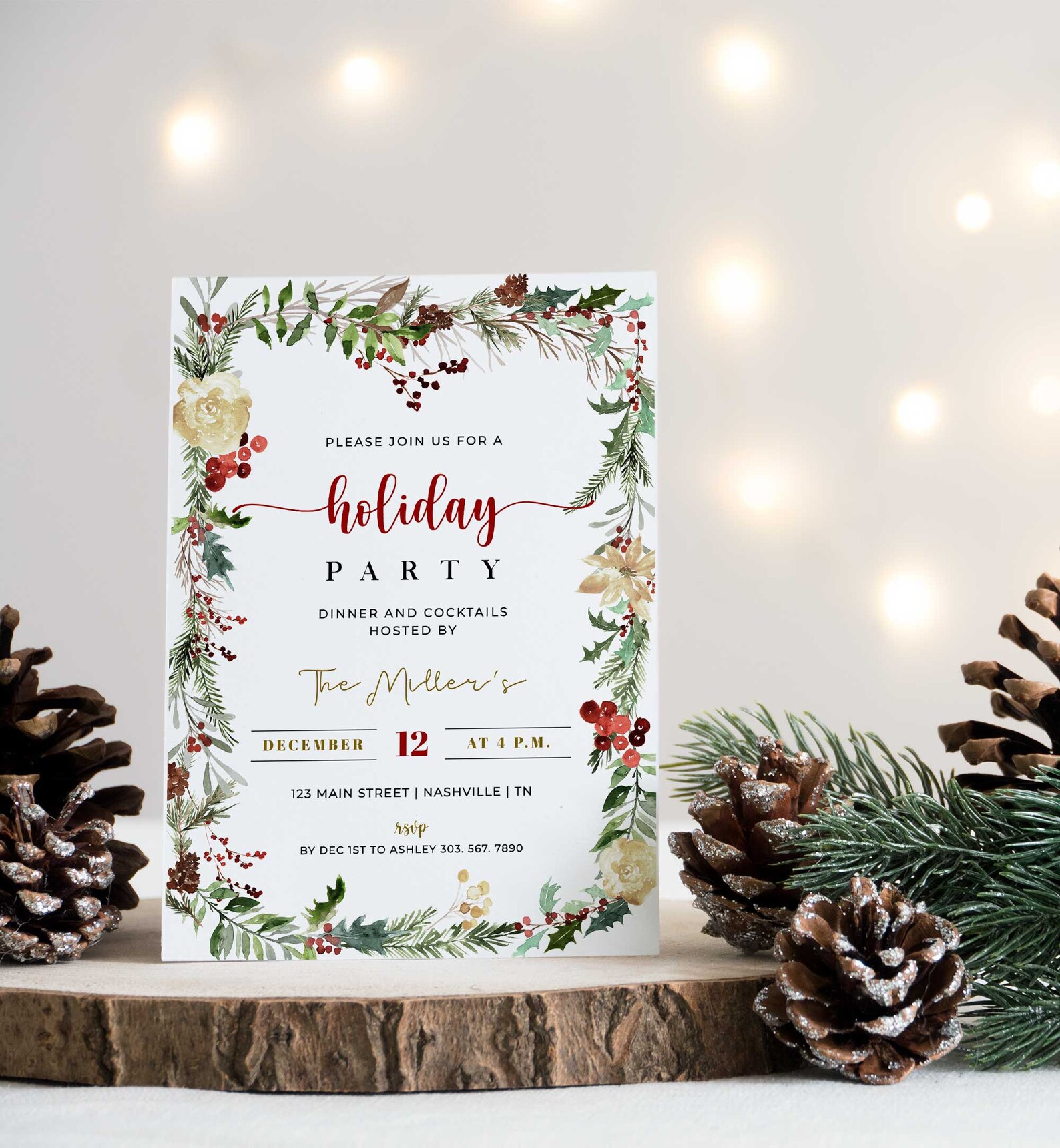 Holiday Party Invitation Template, Christmas Invitation Editable ...