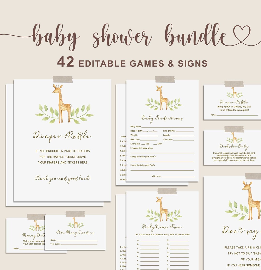Giraffe Baby Shower Games Bundle, Safari Baby Shower Game, Boy Baby ...
