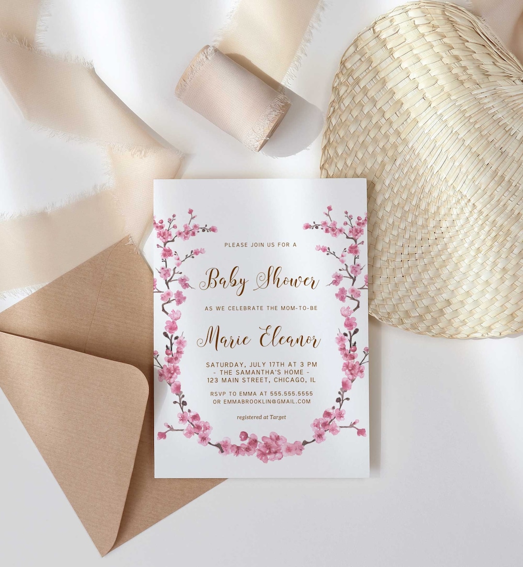 Spring Baby Shower Invitation Template, Cherry Blossom Baby Shower ...