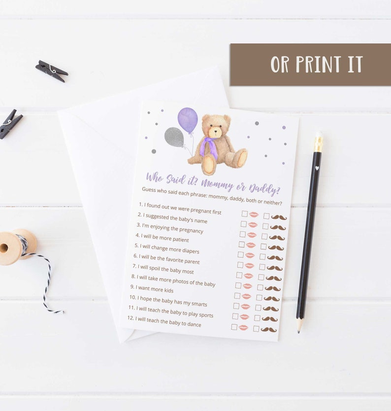 Teddy Bear Baby Shower Game Bundle, Purple Teddy Bear, Baby Girl ...