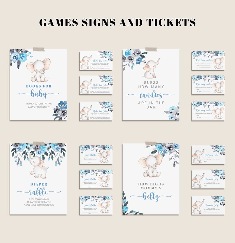 Blue Elephant Baby Shower Games Bundle, Elephant Baby Games Bundle, Boy ...