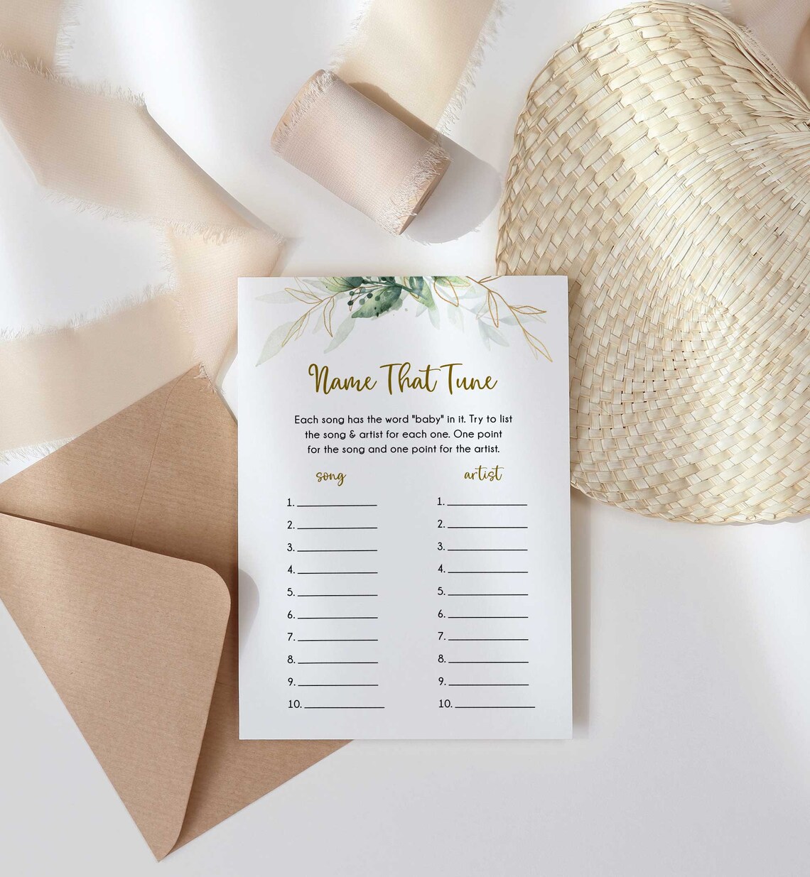 Name That Baby Tune, Name That Song Baby Shower Game Template, Greenery ...