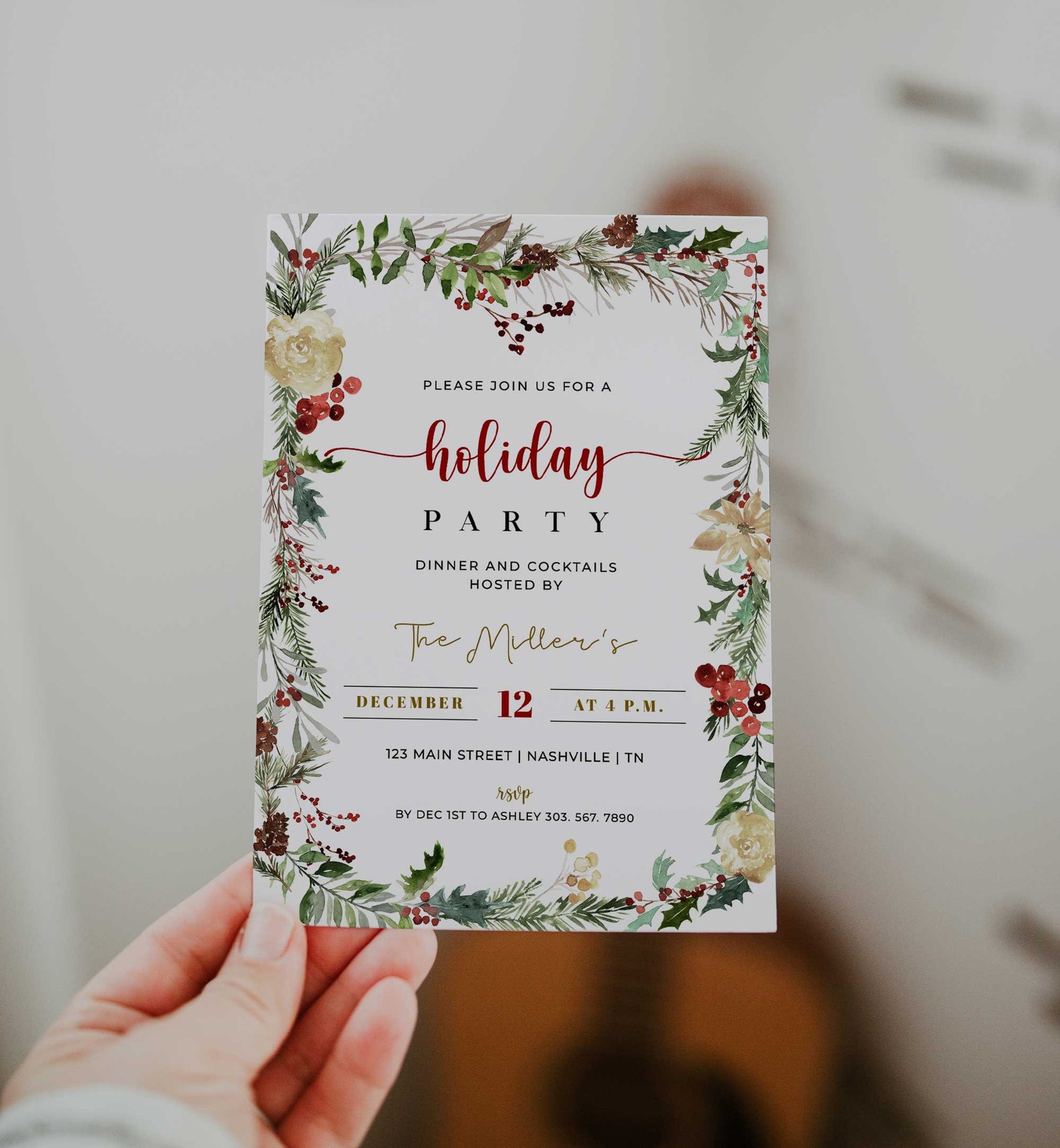 Holiday Party Invitation Template, Christmas Invitation Editable ...