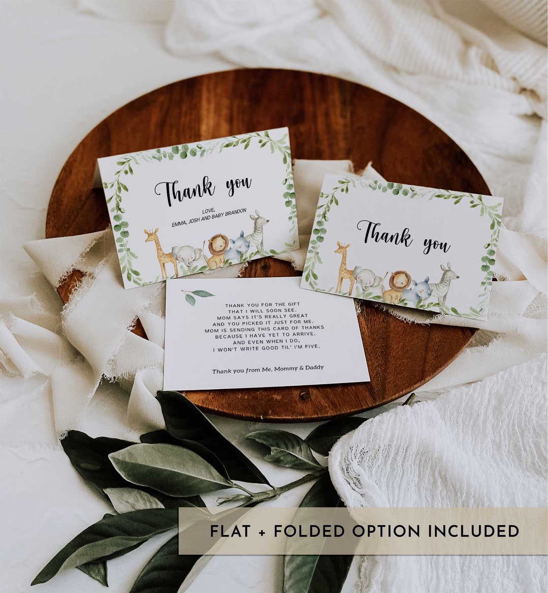 Safari Thank You Card Baby Shower, Editable Thank You Card, Jungle ...
