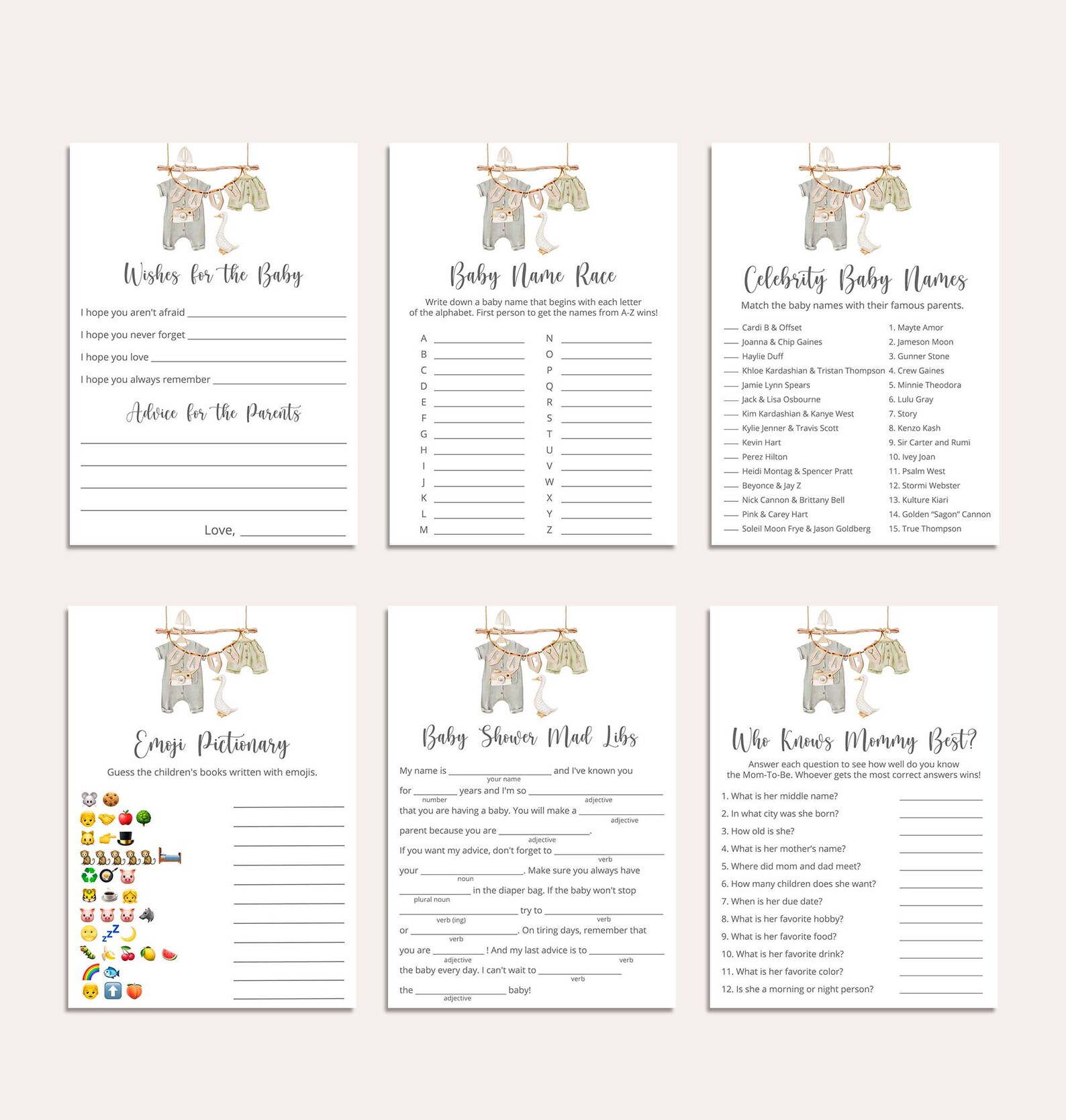 Boy Baby Shower Games Virtual Baby Shower Clothesline Baby - Etsy