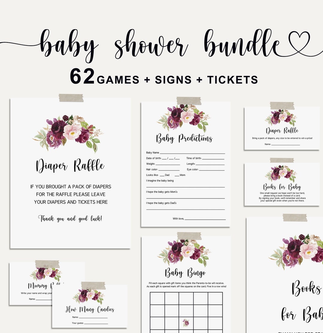 Marsala Baby Shower Games Bundle, Floral Baby Games Bundle, Baby Shower ...