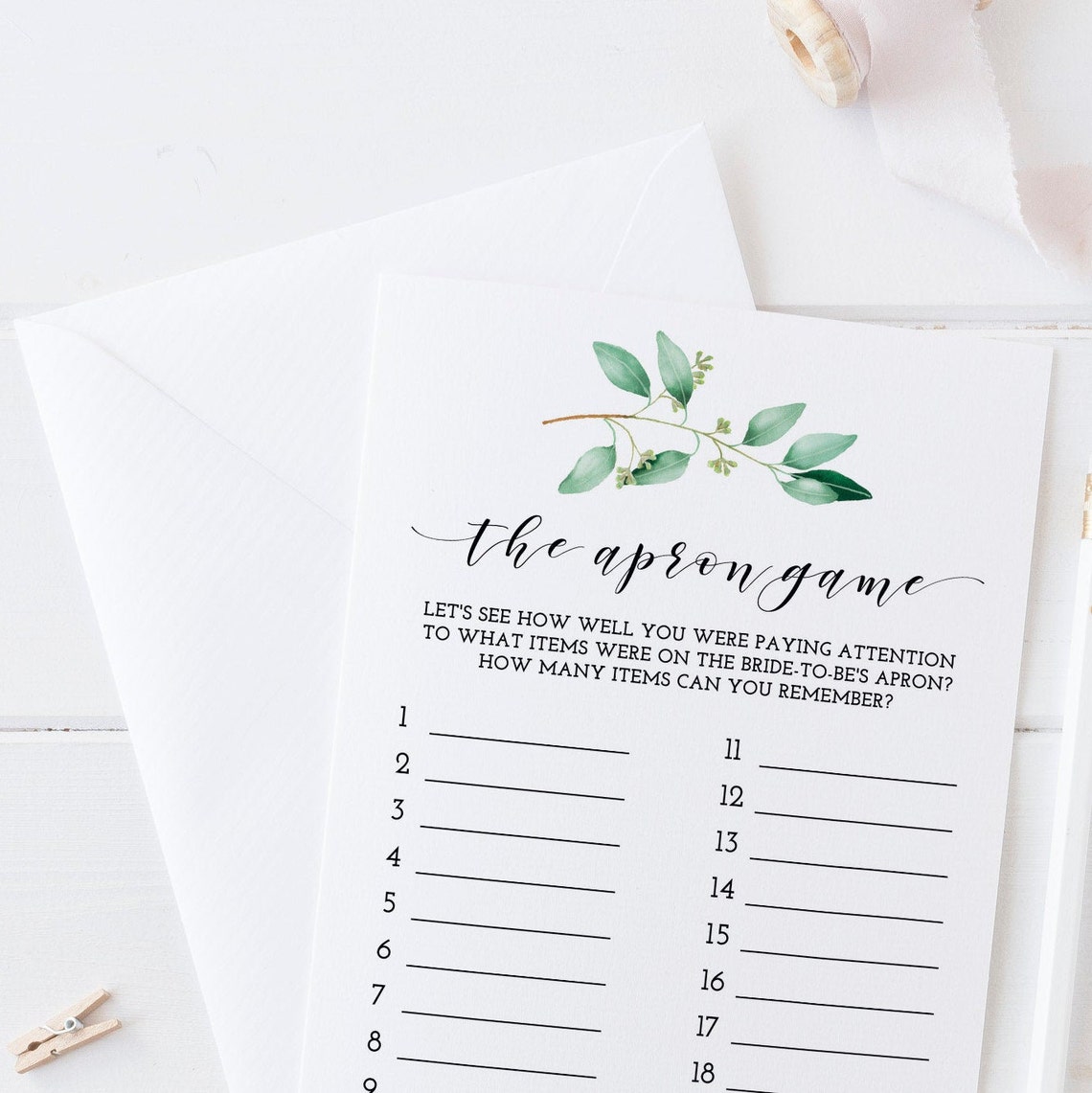 Apron Game Guess the Items on Apron Greenery Bridal Shower | Etsy