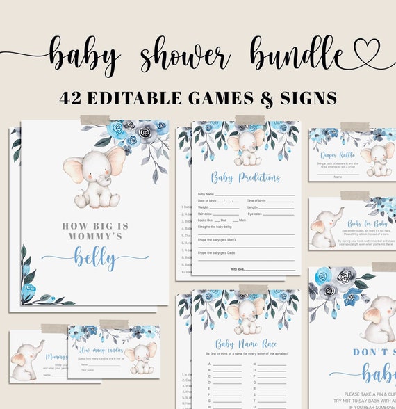 Blue Elephant Baby Shower Games Bundle Elephant Baby Games - Etsy