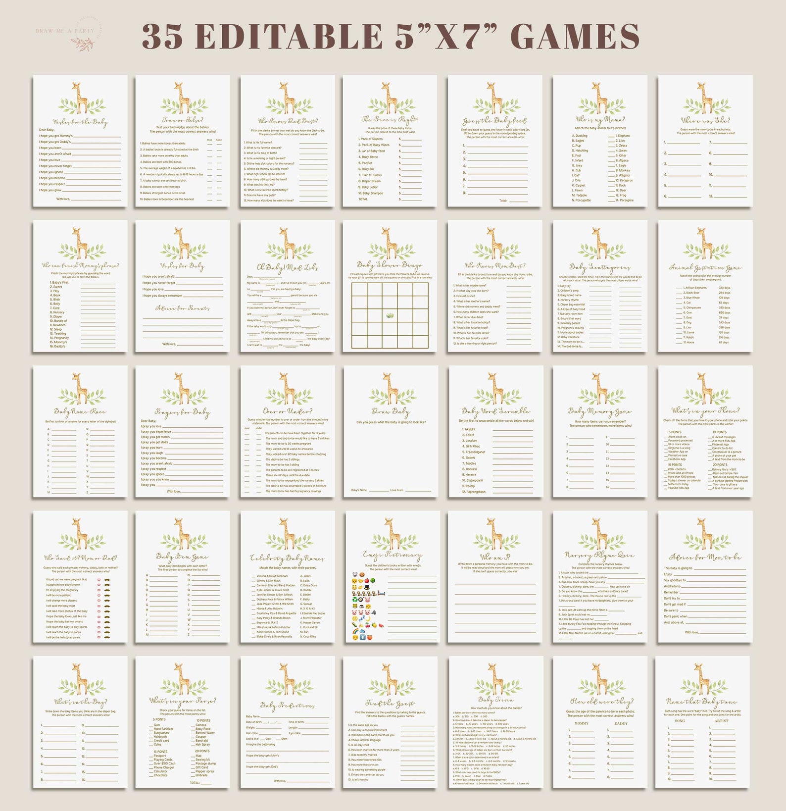 Giraffe Baby Shower Games Bundle, Safari Baby Shower Game, Boy Baby ...