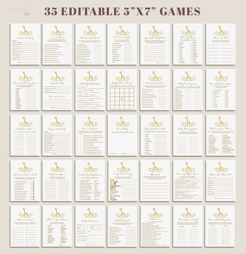 Giraffe Baby Shower Games Bundle, Safari Baby Shower Game, Boy Baby ...