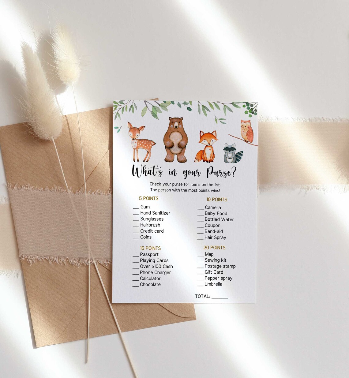 What's in Your Purse Baby Shower Game, Editable, Woodland Baby Shower ...