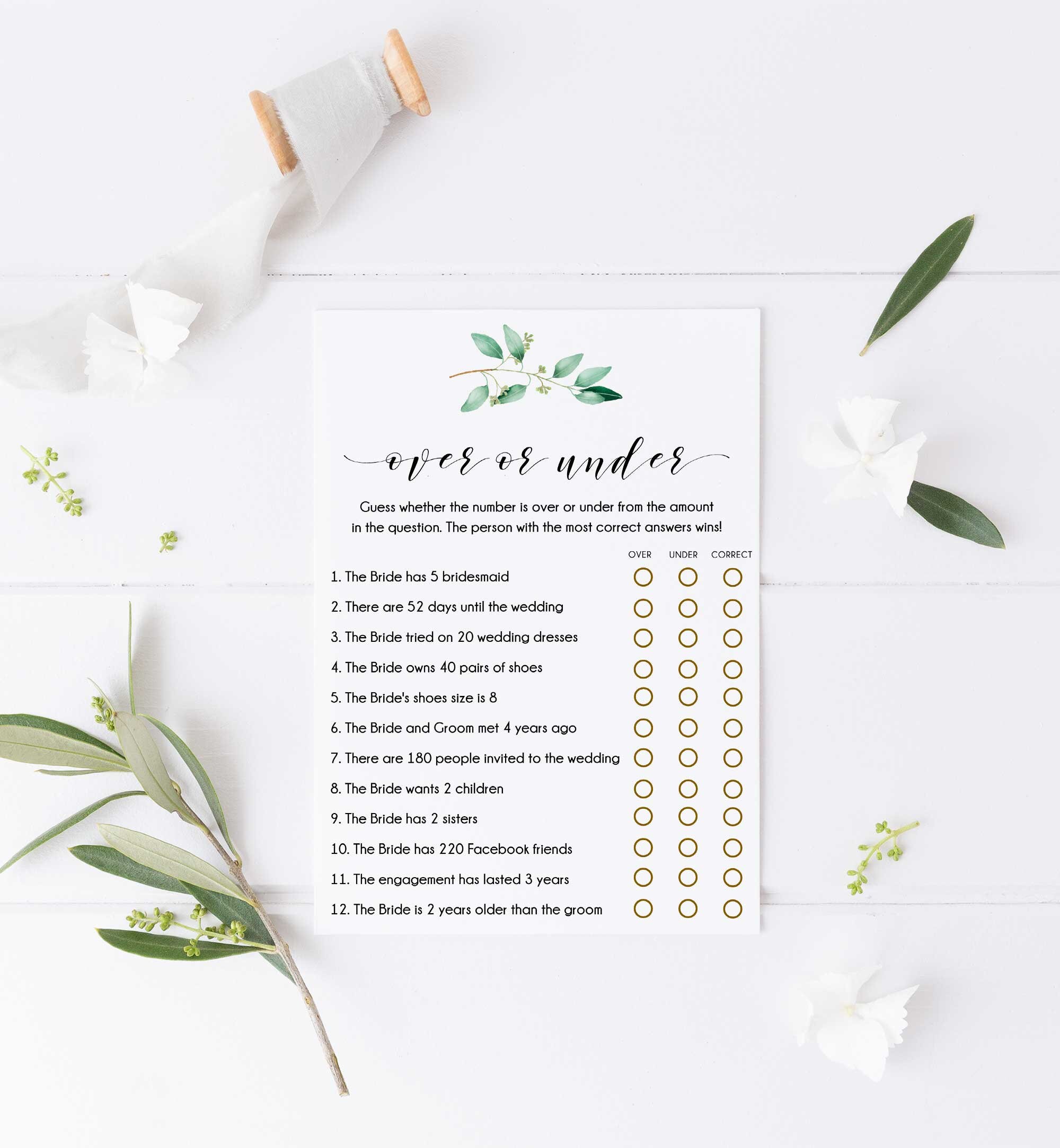 Over Or Under Bridal Shower Game Editable Over Or Under Game Etsy
