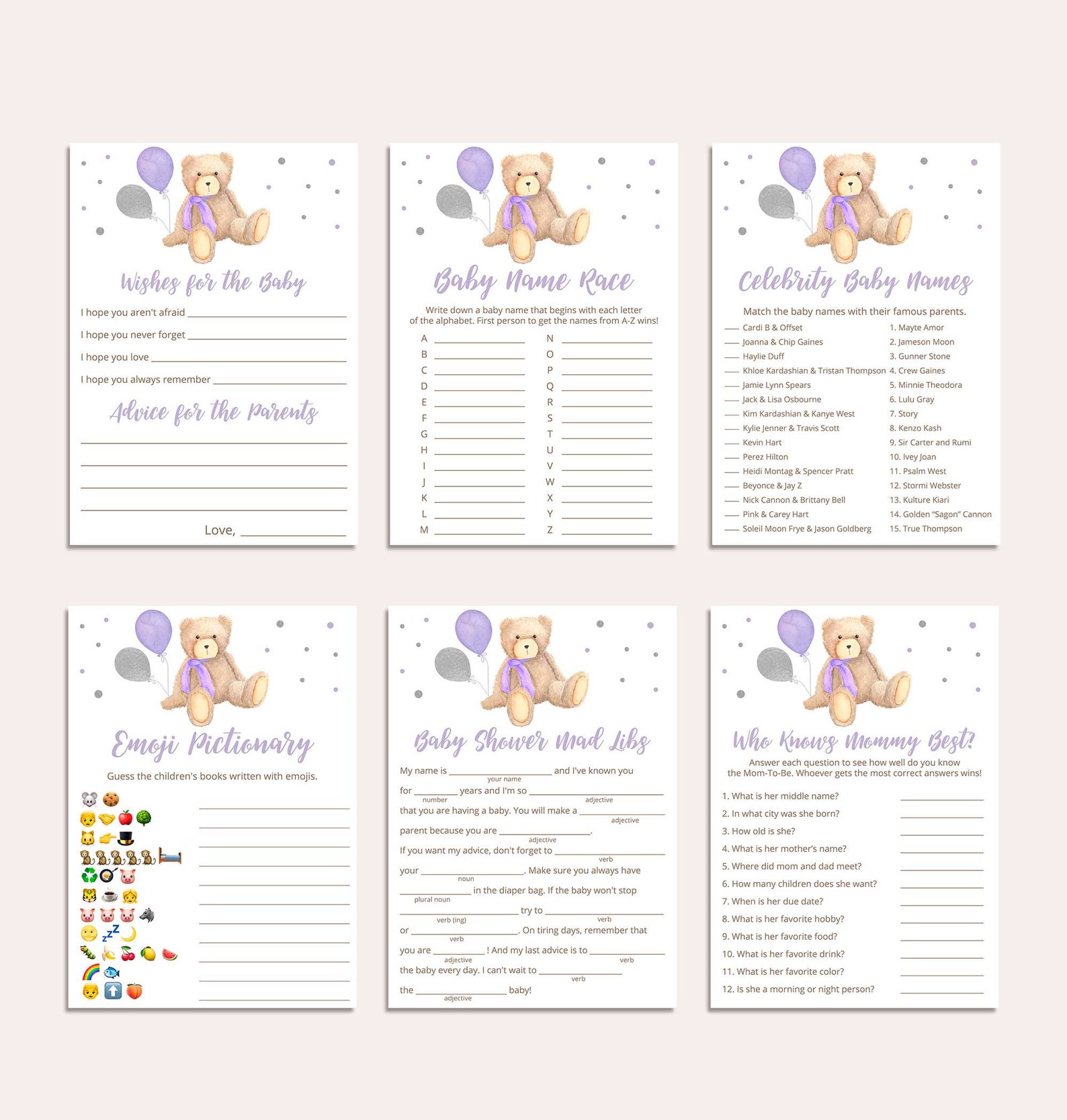 Teddy Bear Baby Shower Game Bundle Purple Teddy Bear Baby - Etsy