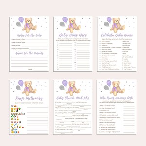 Teddy Bear Baby Shower Game Bundle, Purple Teddy Bear, Baby Girl ...