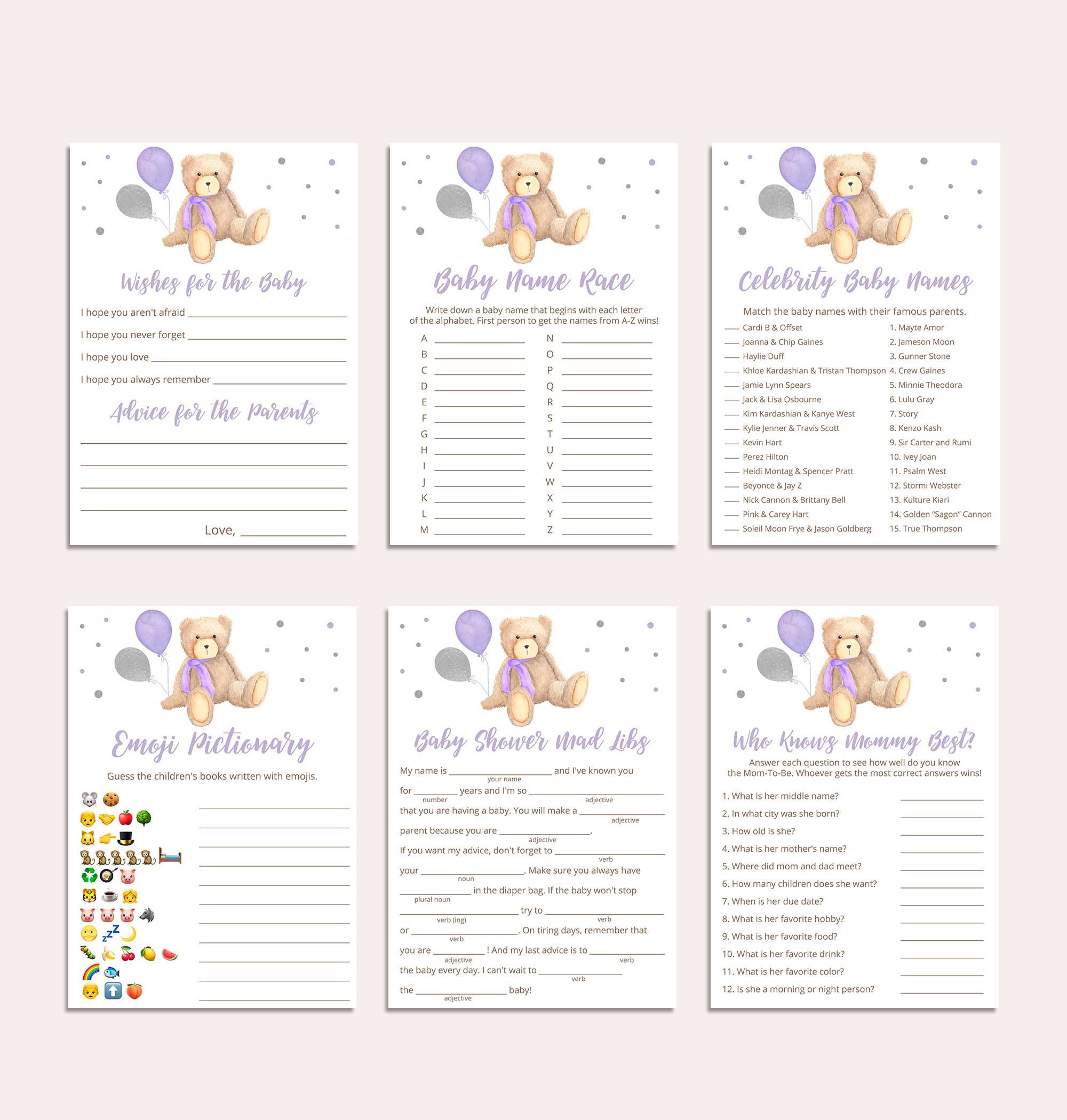 Teddy Bear Baby Shower Game Bundle Purple Teddy Bear Baby - Etsy