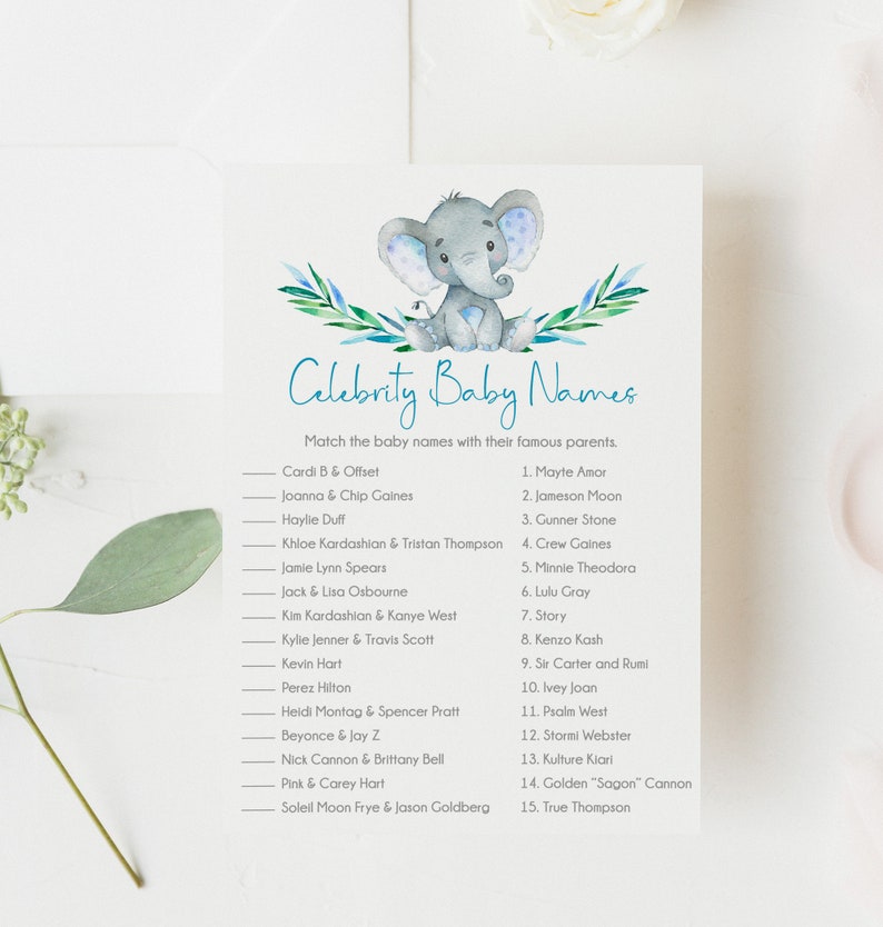 Elephant Celebrity Baby Names Game Printable Blue Elephant - Etsy