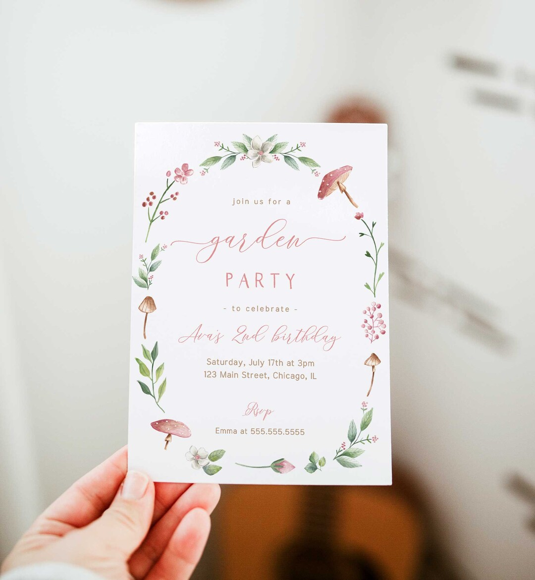 Garden Birthday Invitation, Garden Party Invite, Mushroom Garden ...
