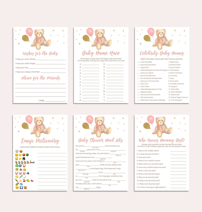 Pink Teddy Bear Baby Shower Game Bundle Virtual Baby Shower | Etsy
