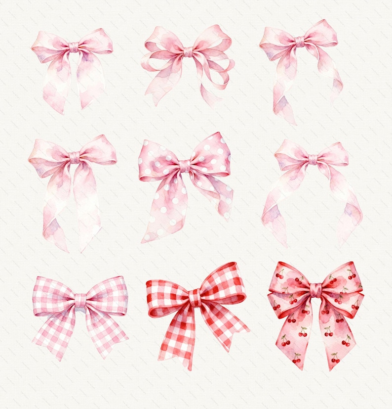 Watercolor Cherry Bow Clipart, Cherry on Top, Pink Ribbons Clipart ...