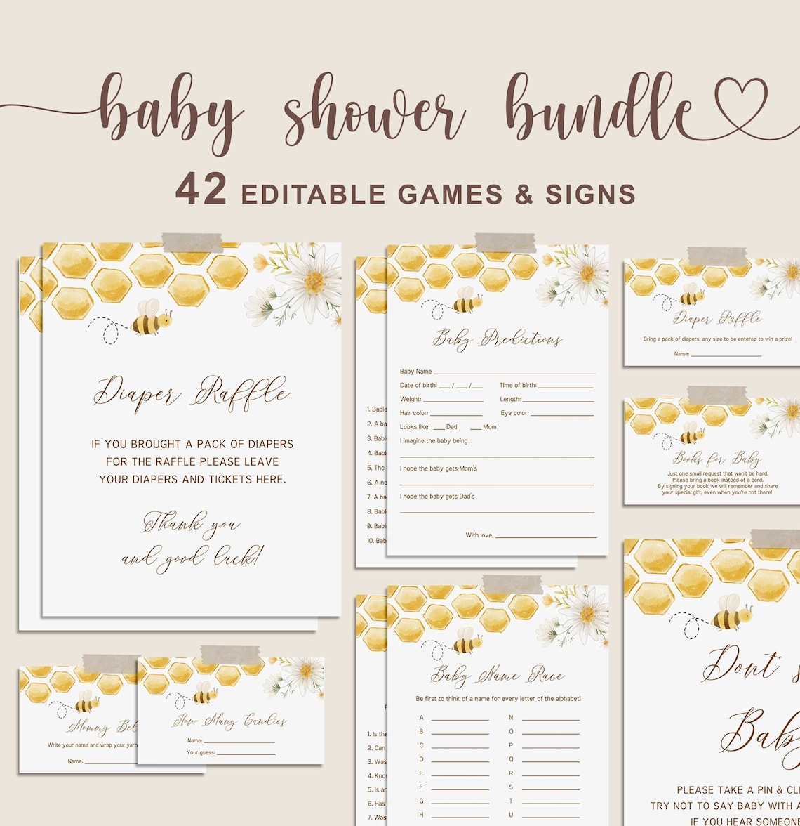 Bee Baby Shower Games, Honey Bee Baby Shower Bundle, Sweet as Can Bee ...