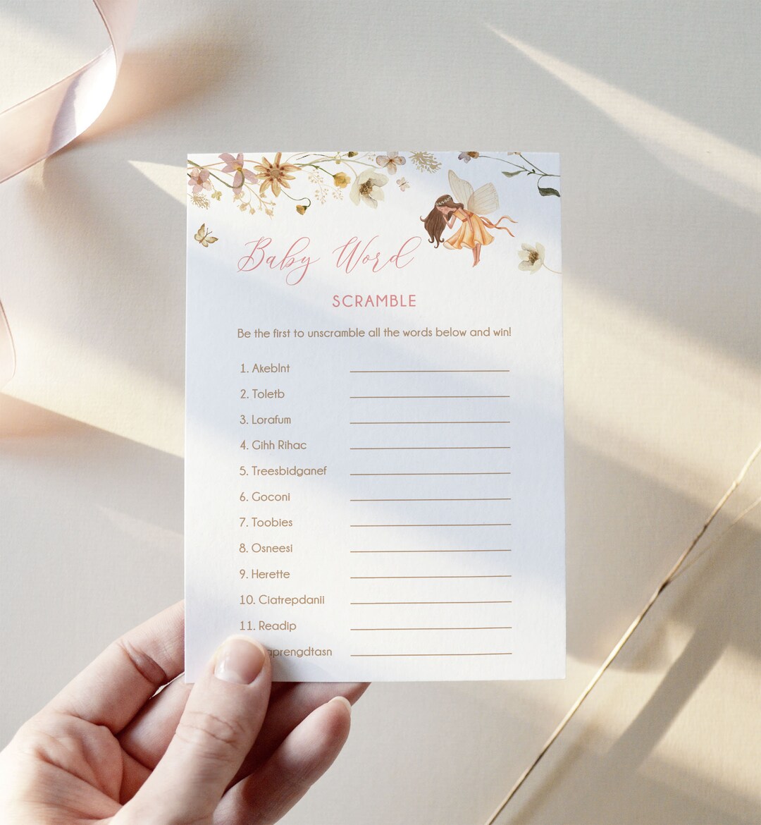 Fairy Baby Word Scramble Game, Fairy Baby Shower Game, Wildflower ...