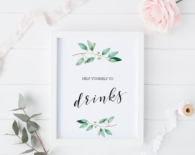 Drinks Sign Printable Party Drinks Sign Greenery Birthday Party Baby ...