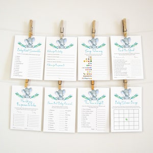 Baby Boy Elephant Baby Shower Games Bundle, Blue Elephant Games Package ...