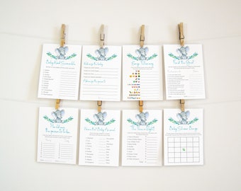 Elephant Baby Shower Games Bundle, Printable Blue Elephant Baby Shower ...