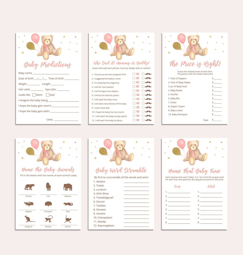 Pink Teddy Bear Baby Shower Game Bundle Virtual Baby Shower | Etsy