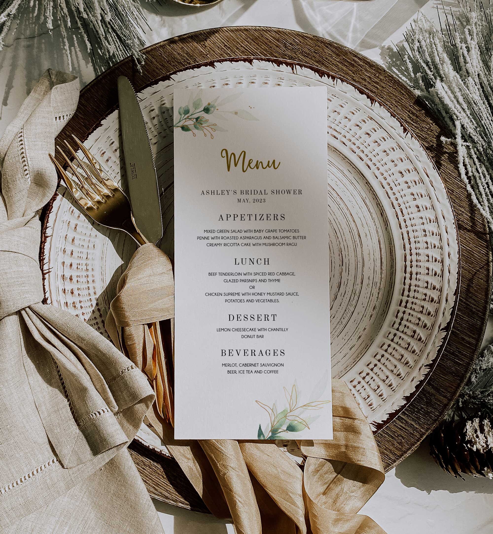 Greenery Wedding Menu Template Menu Card Printable ANY - Etsy
