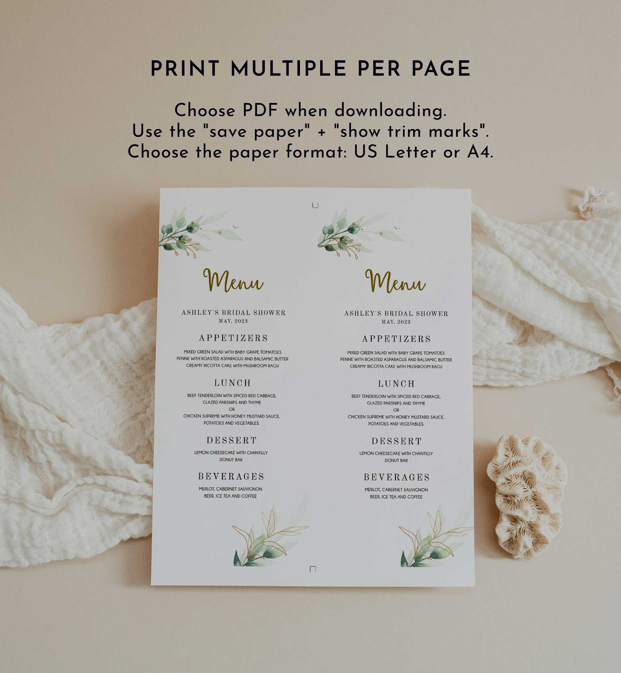 Greenery Wedding Menu Template Menu Card Printable ANY - Etsy