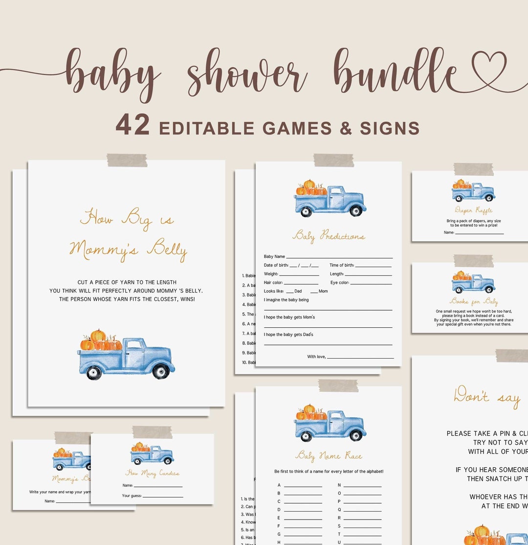 Fall Truck Baby Shower Games Bundle, Pumpink Truck Baby Shower Activity ...